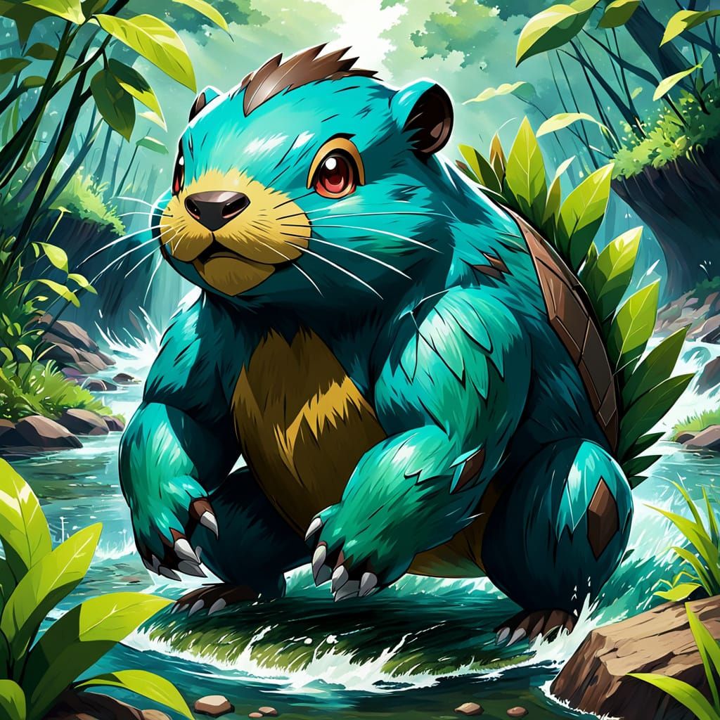 Mighty Beaver Titan, Dark Green and Brown Pokémon - AI Art