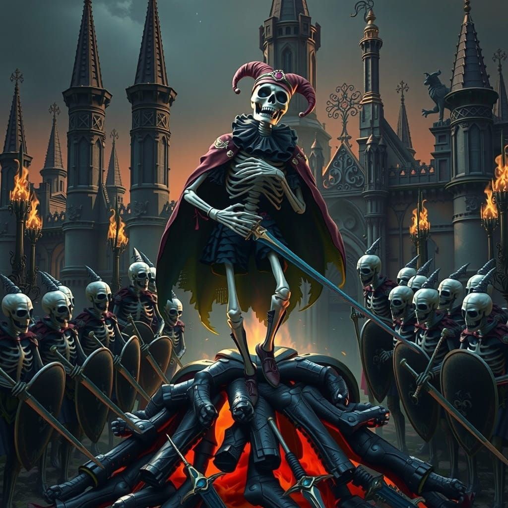 A lavishly dressed skeleton of the King's court jester, resplendent in ...