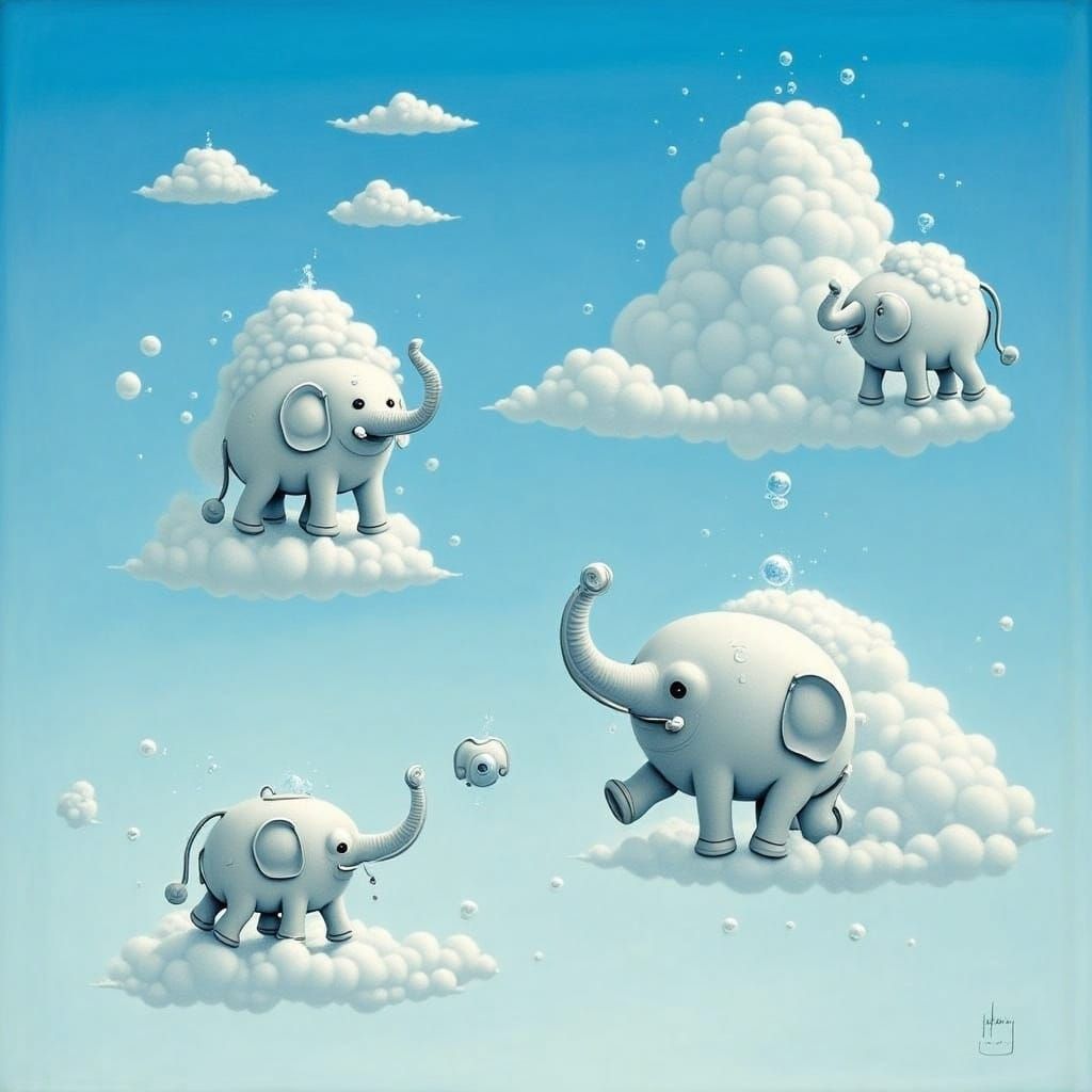 Whimsical Cloud Elephants in a Dreamy Blue Sky - AI Art