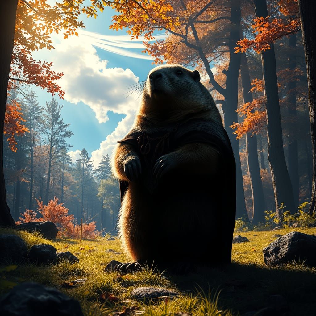 Ground Hog Day - Mystical Groundhog in Vibrant Forest, Velve...