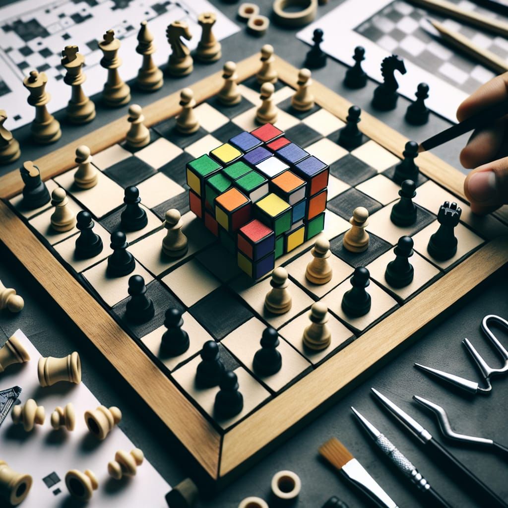 A chessboard in a rubix cube style, with playing pieces - AI Generated Artwork - NightCafe Creator
