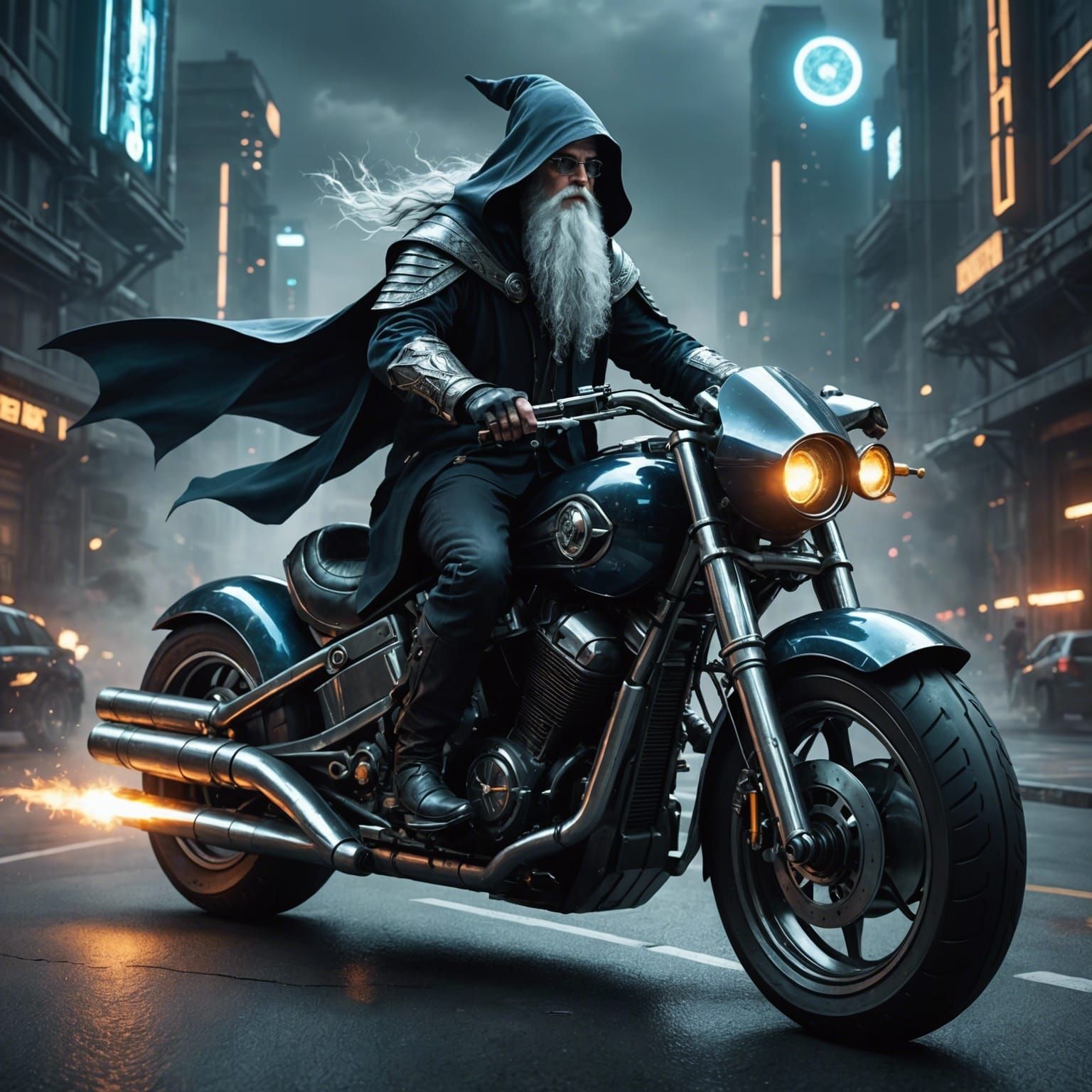A wizard riding a futuristic motorcycle. a masterpiece, dark fantasy ...