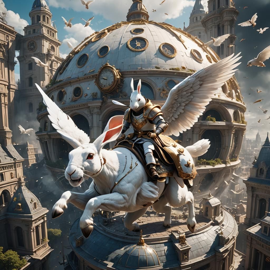 A White rabbit on a flying white Pegasus with two wings gallops above a ...
