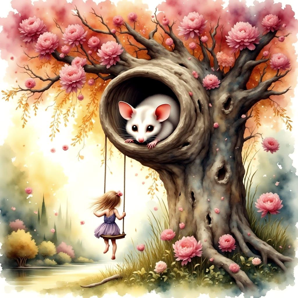 Gentle Possum Watches Happy Children Play in Garde... - AI Art