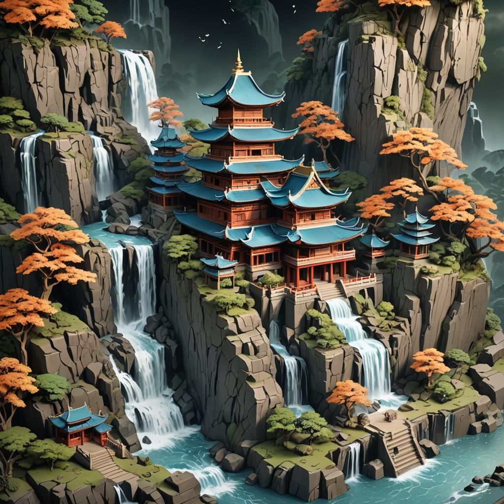 Temple by waterfall - AI Generated Artwork - NightCafe Creator