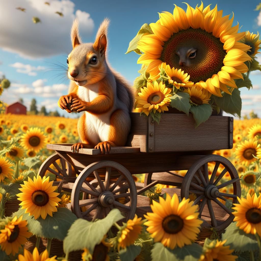 "squirrel harvesting sunflowers, in wagon , colorful , detailed photo ...