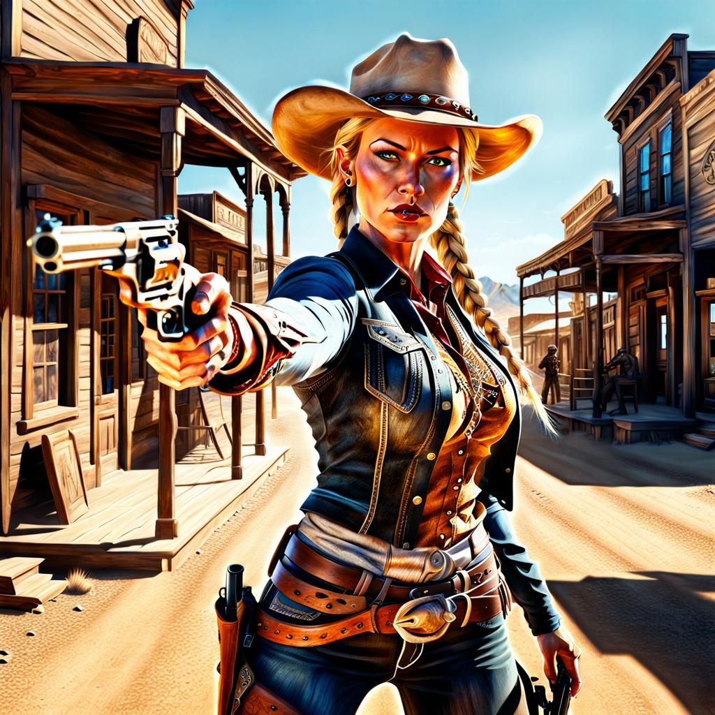 Beautiful cowgirl gunfighter with blonde braids draws her pistol in a ...