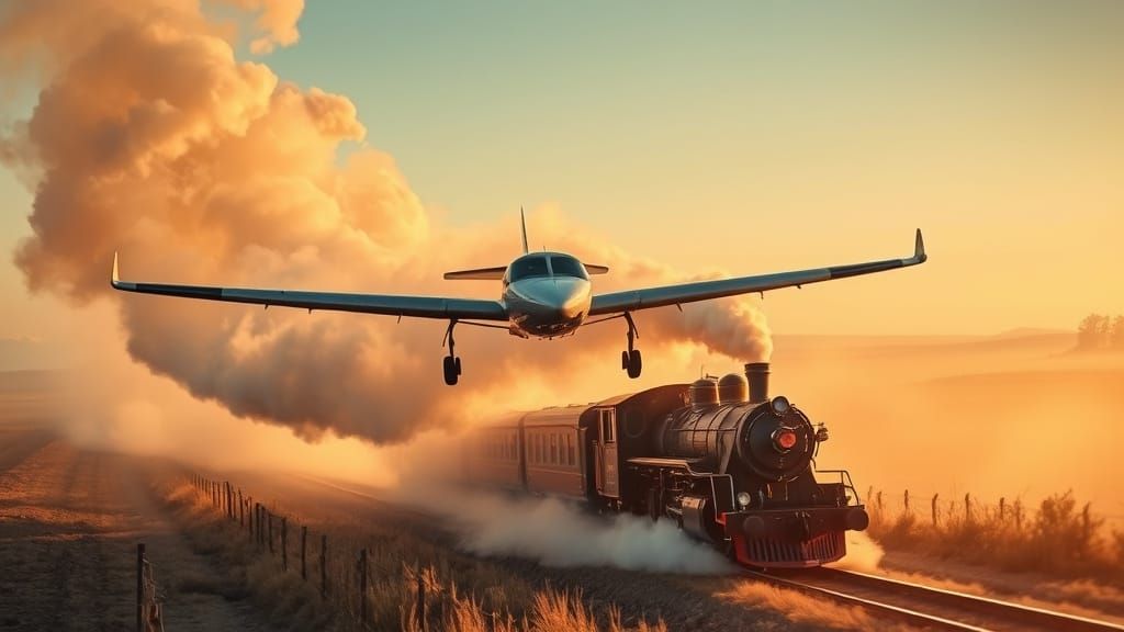 Propeller Cessna Plane Soars Above Vintage Train C... - AI Art
