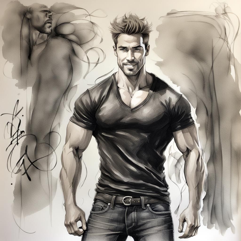 , centered composition fineliner pen and ink wash sketch of handsome ...