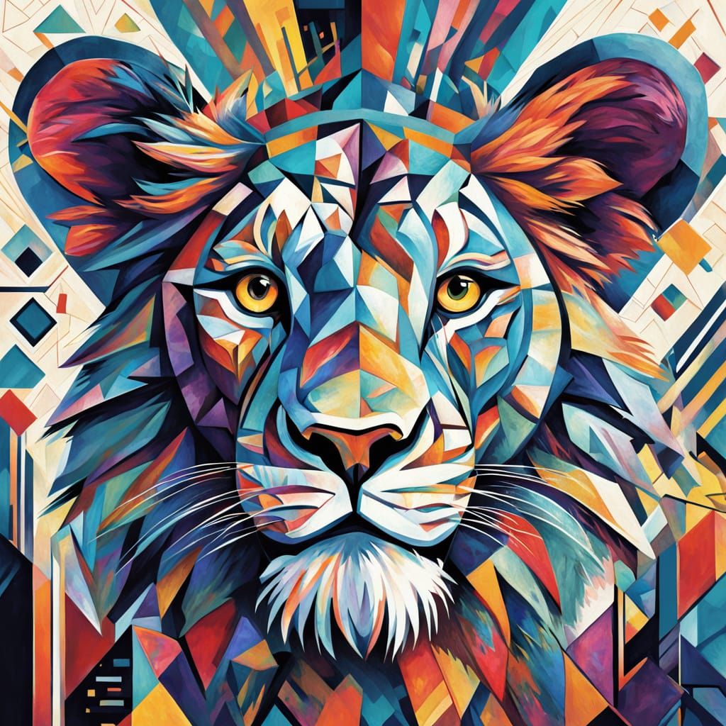 Neo-Cubist Lion Cub on Geometric Throne - AI Art