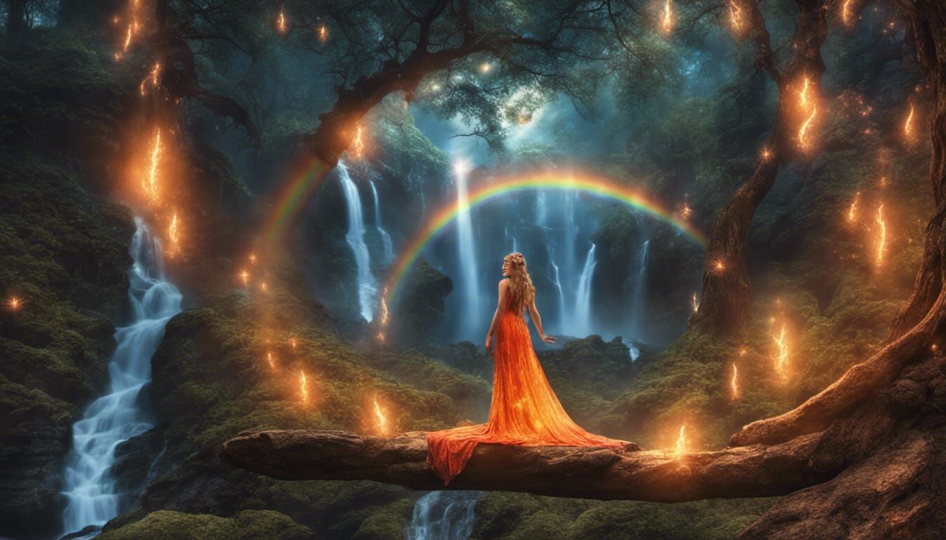 3D fiery goddess sparkling in forest with waterfalls rainbows moons ...