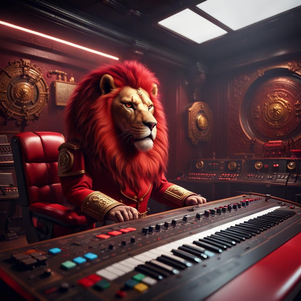 Music Studio with a Red Roaring Lion dressed as a General sitting at ...