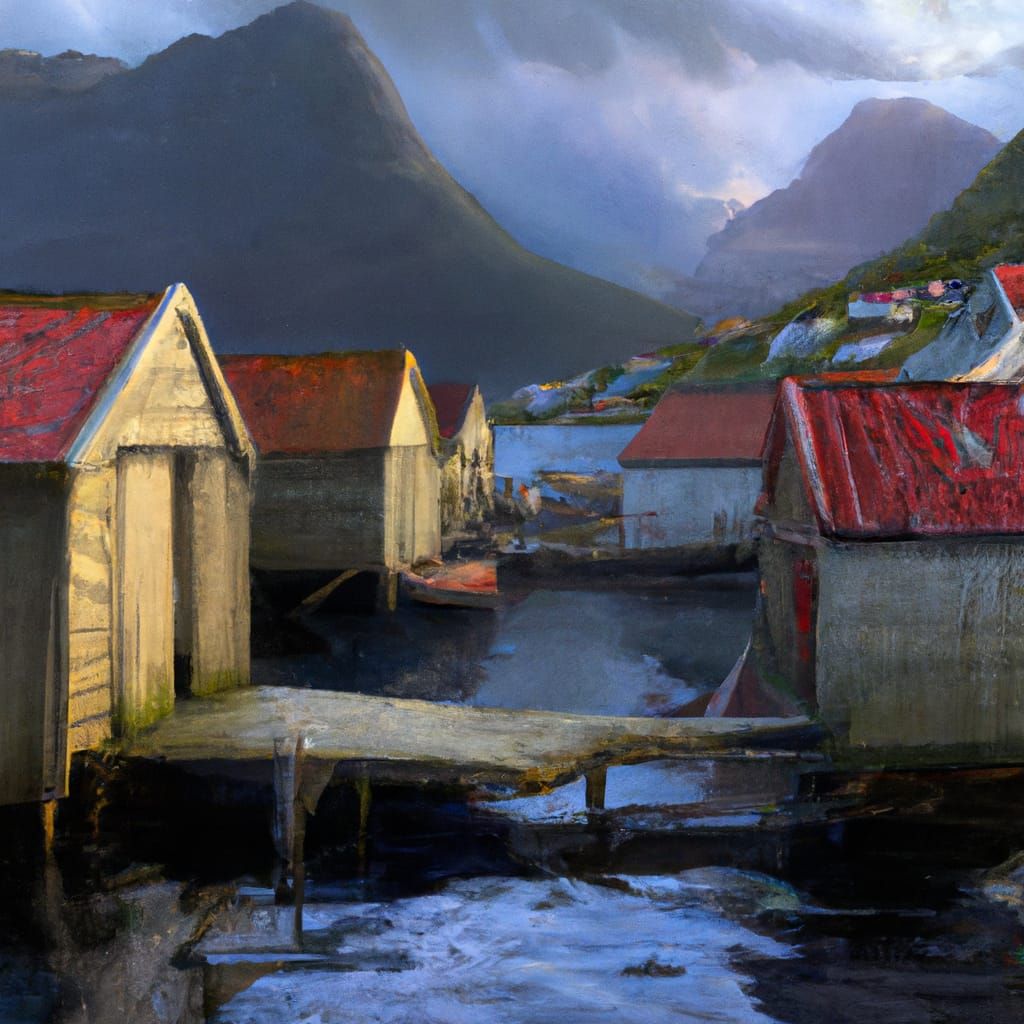 Boathouses Torvik Norway; Beautiful Rococo oil painting dark bold ...