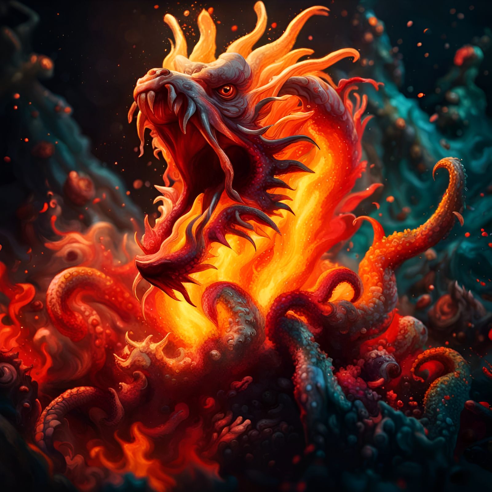 Hydra of Lerna's birth in fire - AI Generated Artwork - NightCafe Creator
