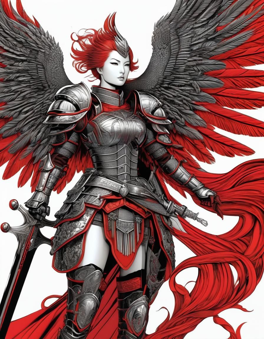 Epic phoenix female knight, line art, hyper detailed, red black ...