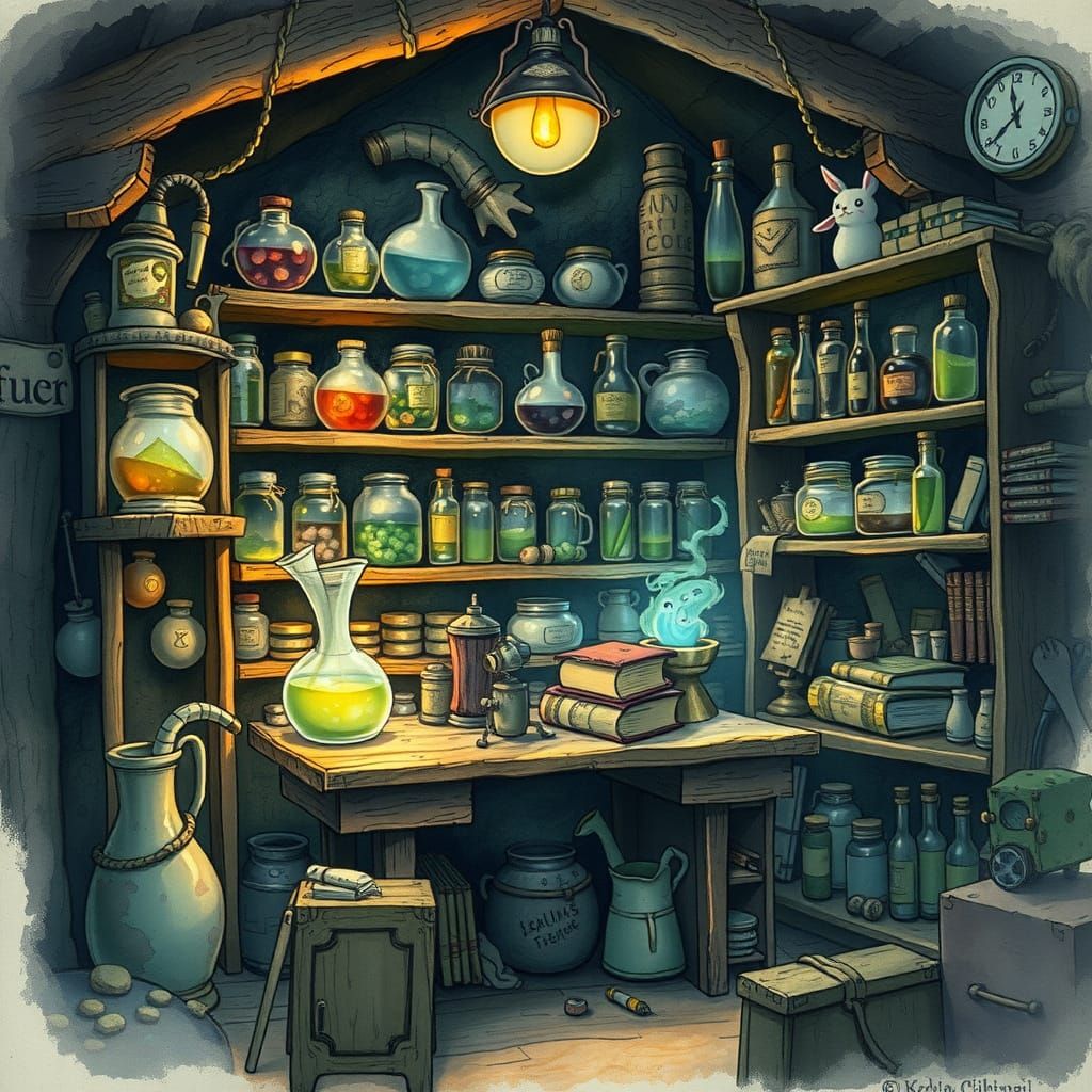Whimsical Witch's Potion Laboratory in Watercolor ... - AI Art