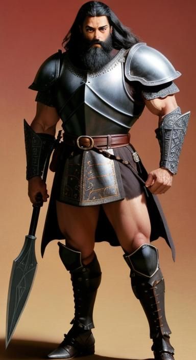 full body man, medieval knight, muscular tone, age 43, short black hair ...