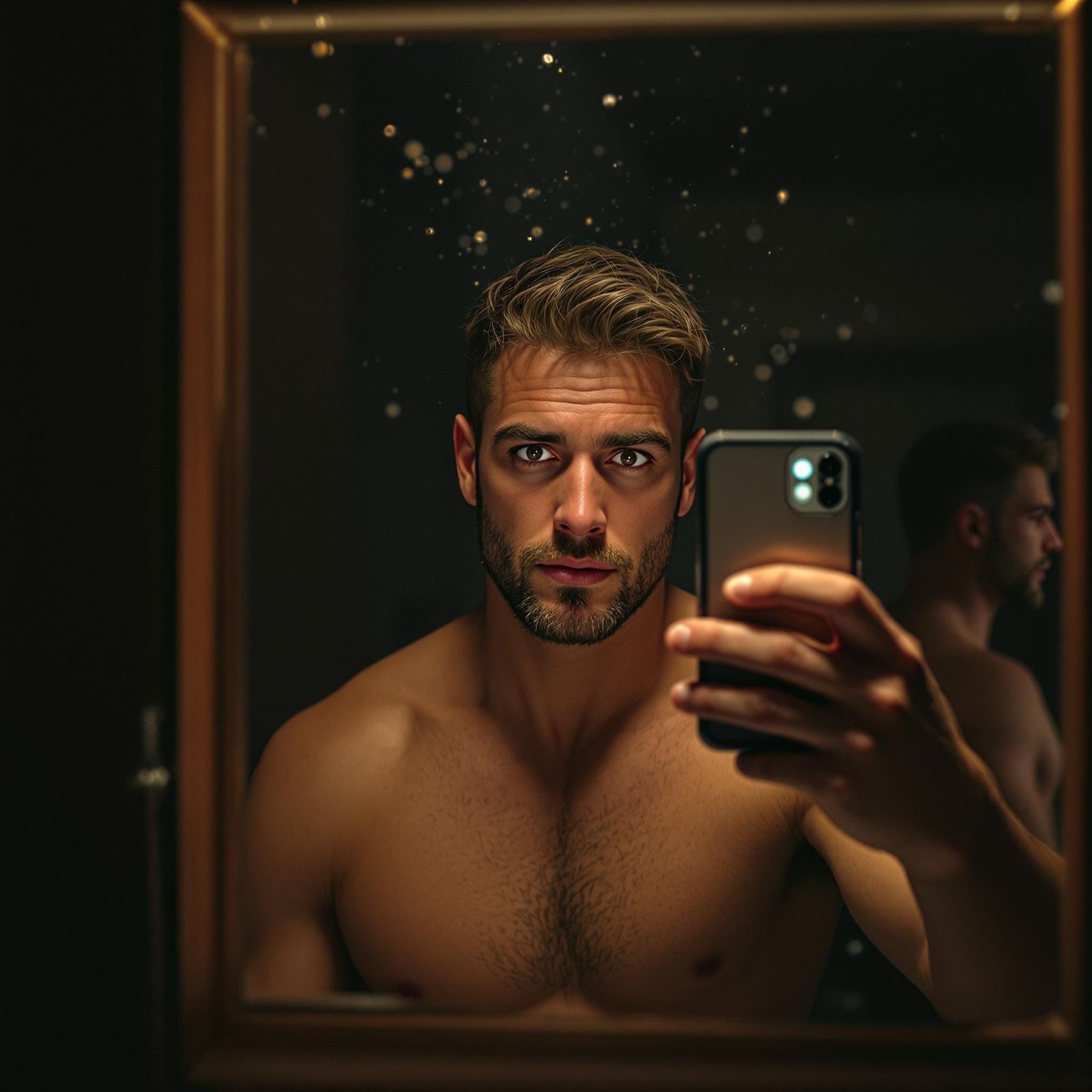 Man Takes Selfie in Dimly Lit Bathroom with Soft G... - AI Art
