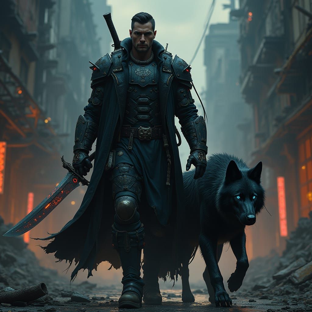 Cyberpunk Warrior in Metallic Combat Armor - AI Art