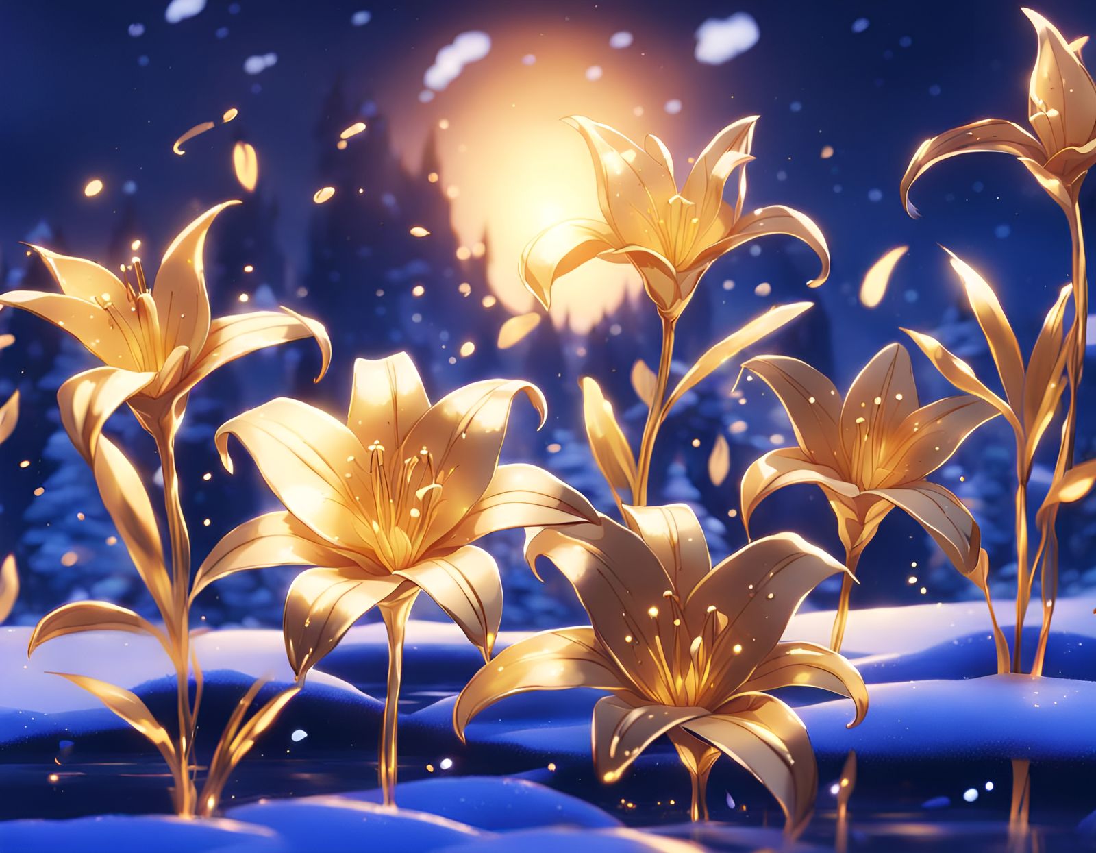 glaze lilies from the game Genshin Impact dripping in gold magic ...