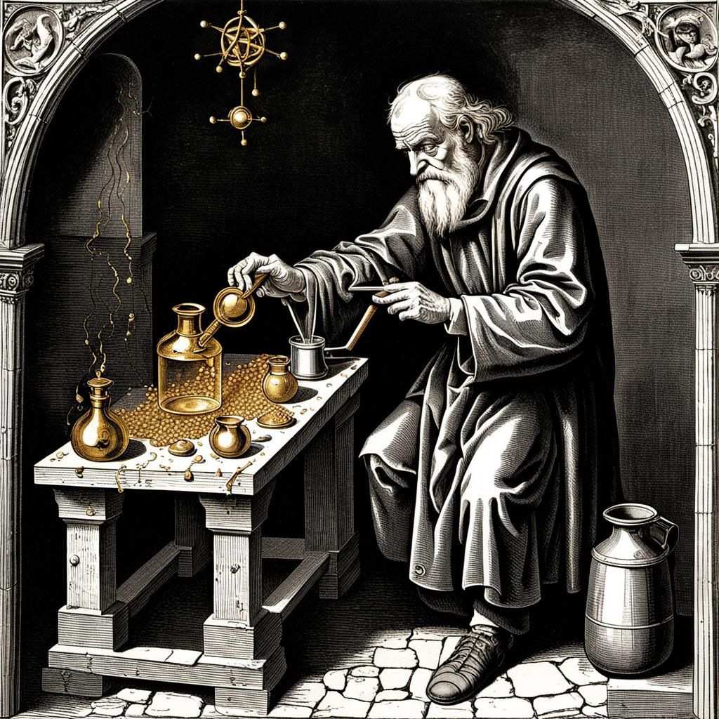 Symbolism of alchemy, old man (Middle Ages:1.5) trying to create gold ...