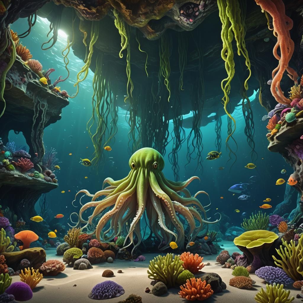 a underwater cave on the ocean floor with a giant luminous squid ...