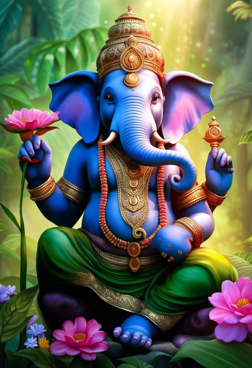 ganesh, sitting in a lush Indian garden, humanoid indian elephant deity, by artists Swati Kale ...