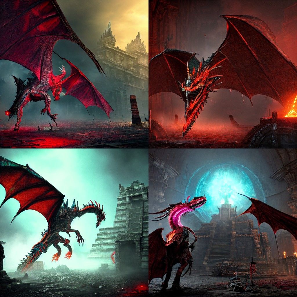 Bloodborne, Mayan temple, bright and colorfully winged undead dragon ...