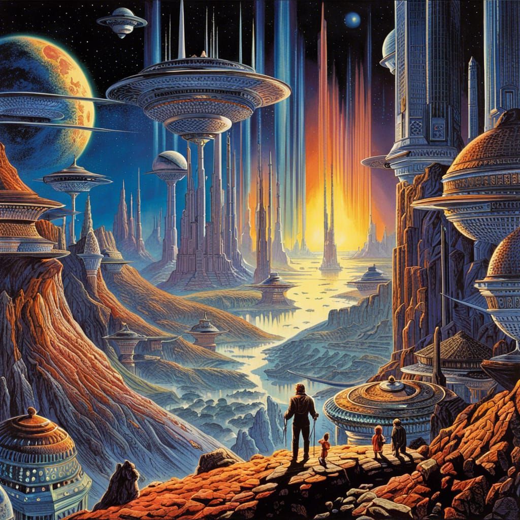 a beautiful alien metropolis with glistening lights amongst the ...