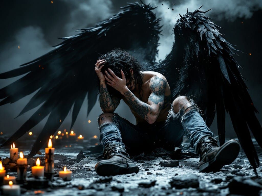Wings as dark as night, candles flicker in the ash, fallen, yet he ...