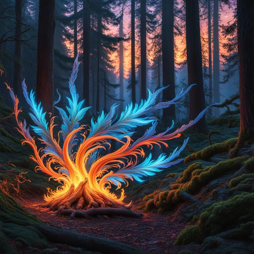 Magical bioluminescent fae fire, magical fire in the forest, maximalist ...
