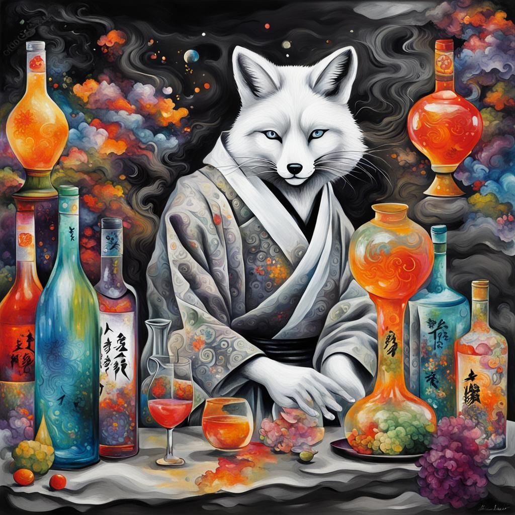 Kitsune in a kimono bartender in a Million bottle dreamscape, making ...