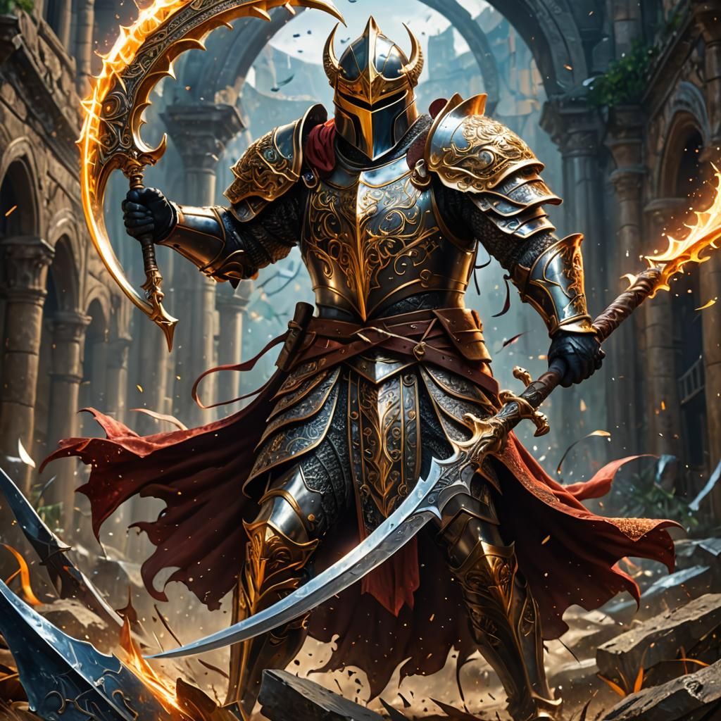 Knight with a splashed scythe(long handle and curved blade) - AI ...