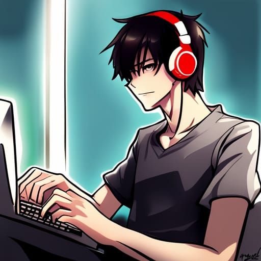 guy on computer with headphones on by artist "anime", Anime Key Visual ...