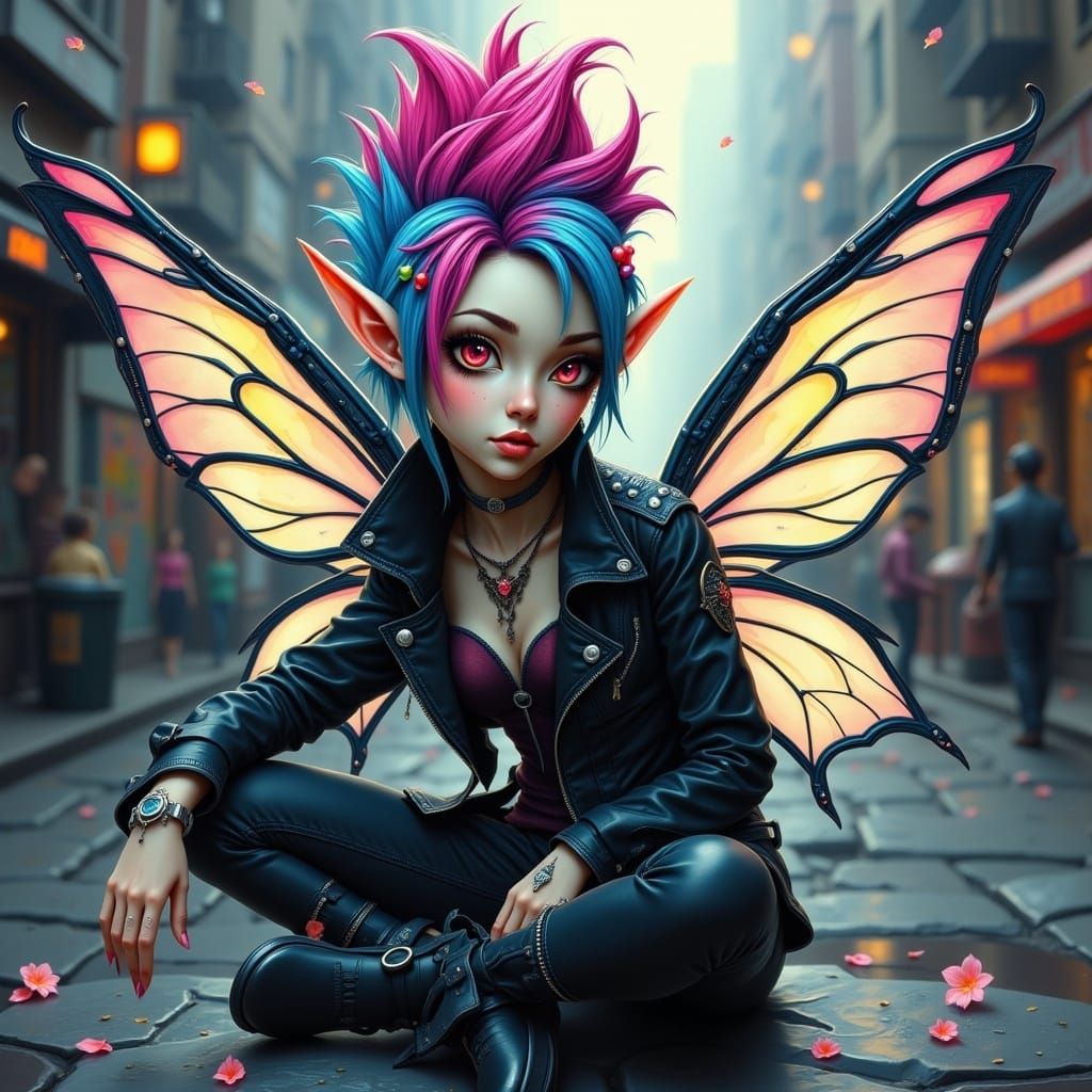 Electric Fairy Punk Rocker with Vibrant Hair and L... - AI Art