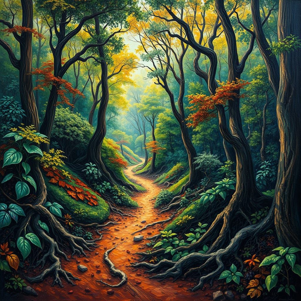 Lush Forest Landscape Unfolds Along Winding Path i... - AI Art