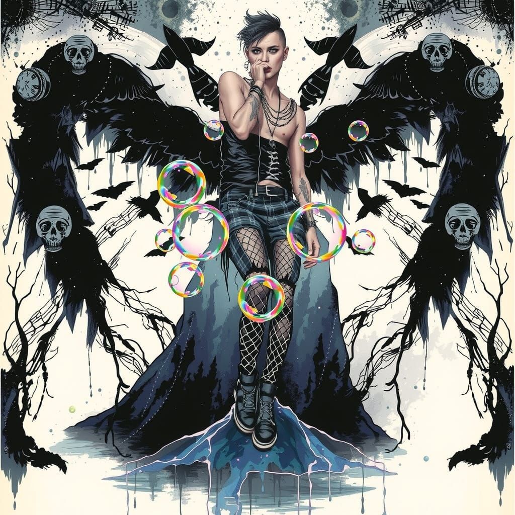 picture a lone punk plaid clad goth guy, standing knee-deep in a ...