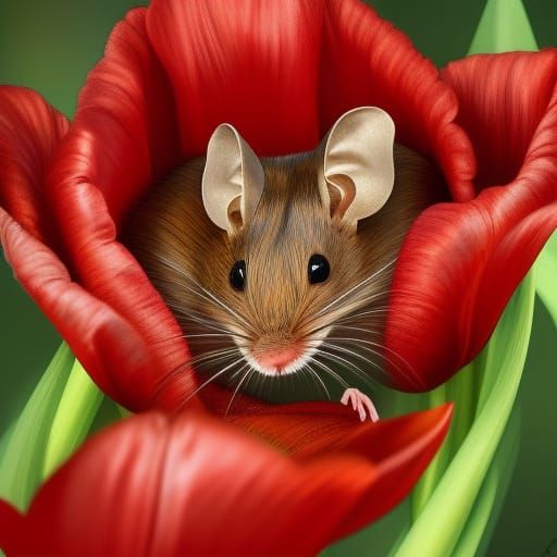 Macro photo of a Field mouse inside a red tulip, texture, artistic ...