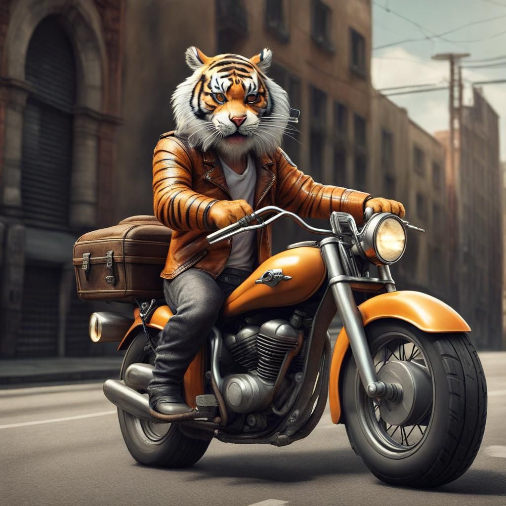 photo realistic anthropomorphic tiger riding a motorcycle - AI ...