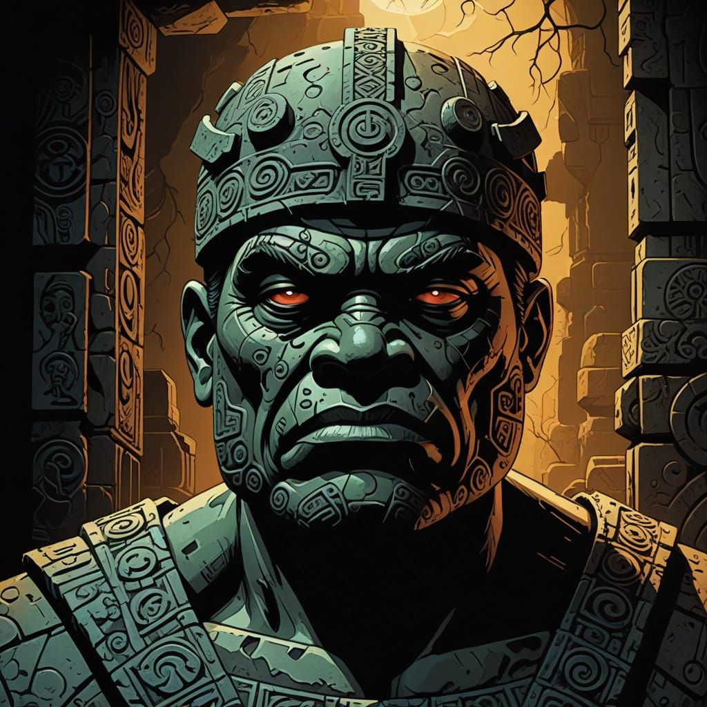Olmec Stone Head Statue in Dark Fantasy Comic Book... - AI Art