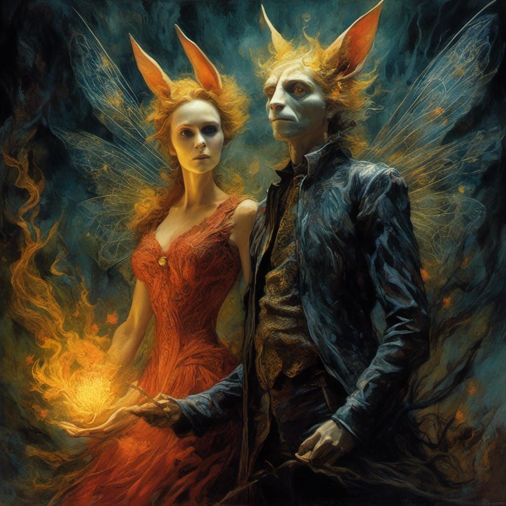 Woman and Man, couple Dark fey creature of the flames , cat like fairy ...