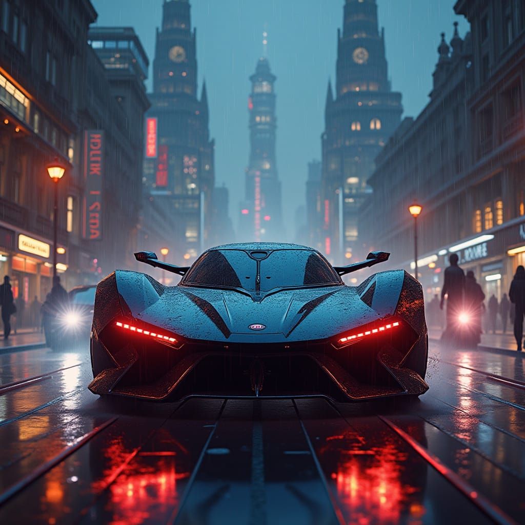 Futuristic Hypercar Speeds Through Steampunk City - AI Art