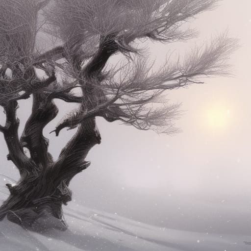 Wind swept tree in winter - AI Generated Artwork - NightCafe Creator