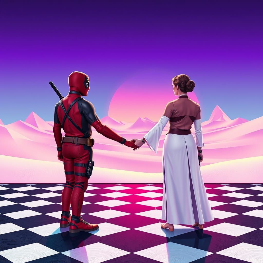 Deadpool and Princess Leia on a Retro-Futuristic C... - AI Art