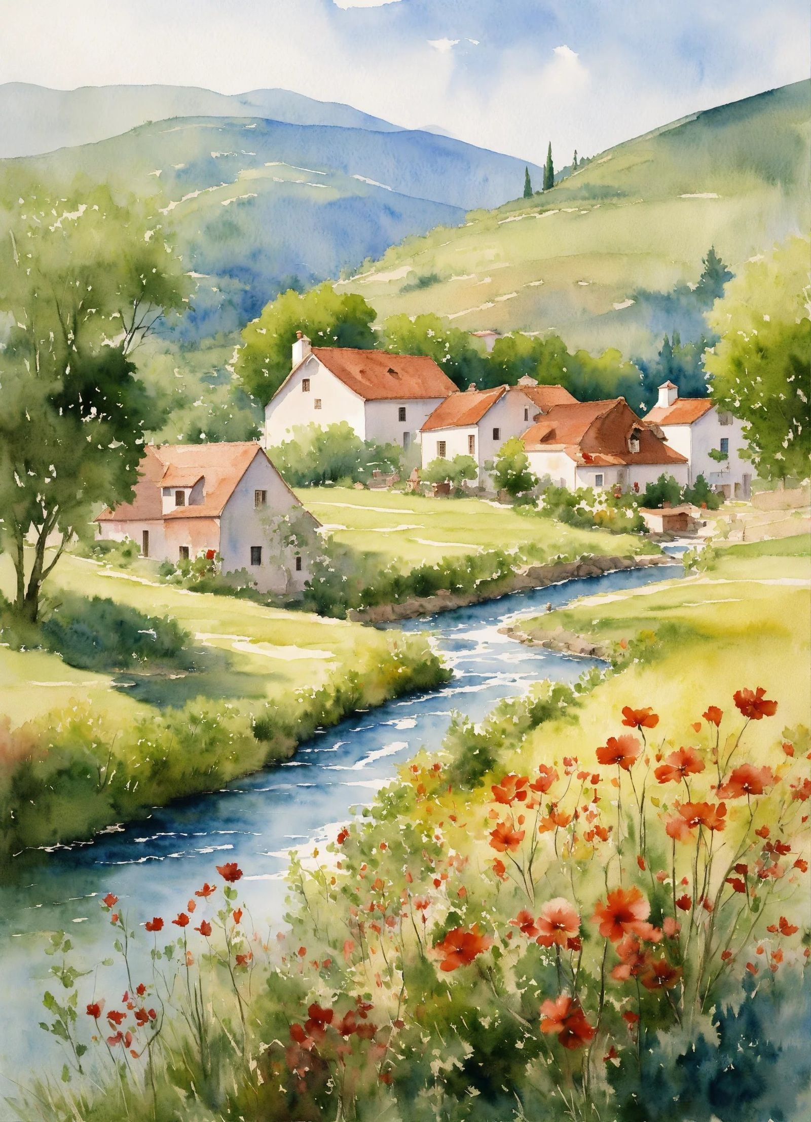 creek in countryside with a village in the distance, watercolour illustration - AI Generated ...