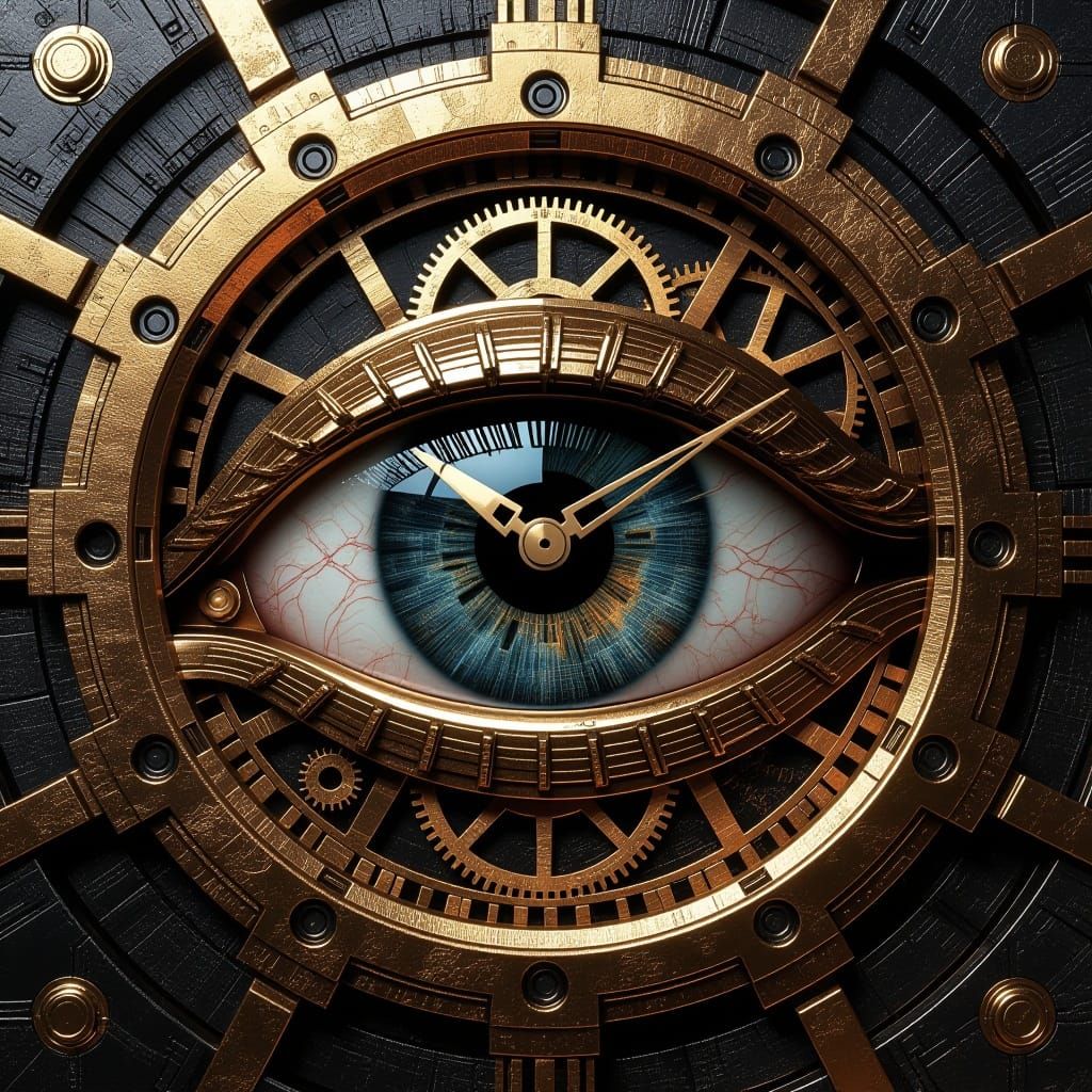 bronze - Futuristic Eye with Bronze Clock Dial Pupil in Cybe...