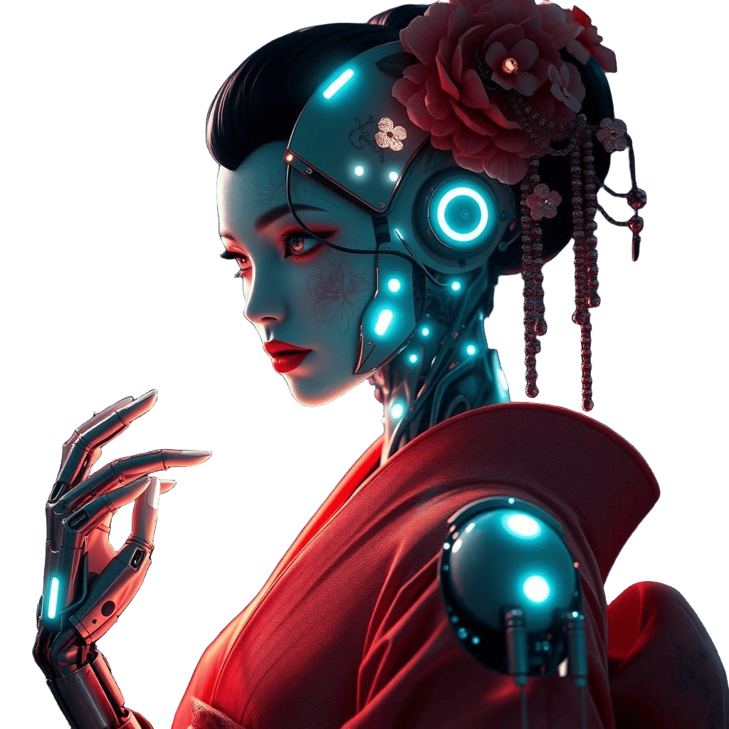 Geisha Cyborg Robot - Cyborg Geisha in Glowing White Attire