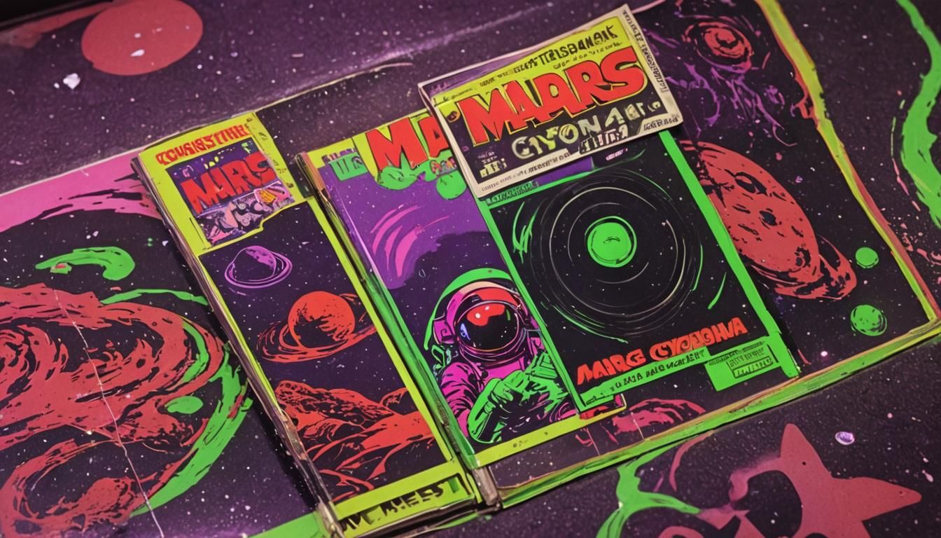 fjhf - Retrofuturistic VHS Tape and Mars Comic Artwork