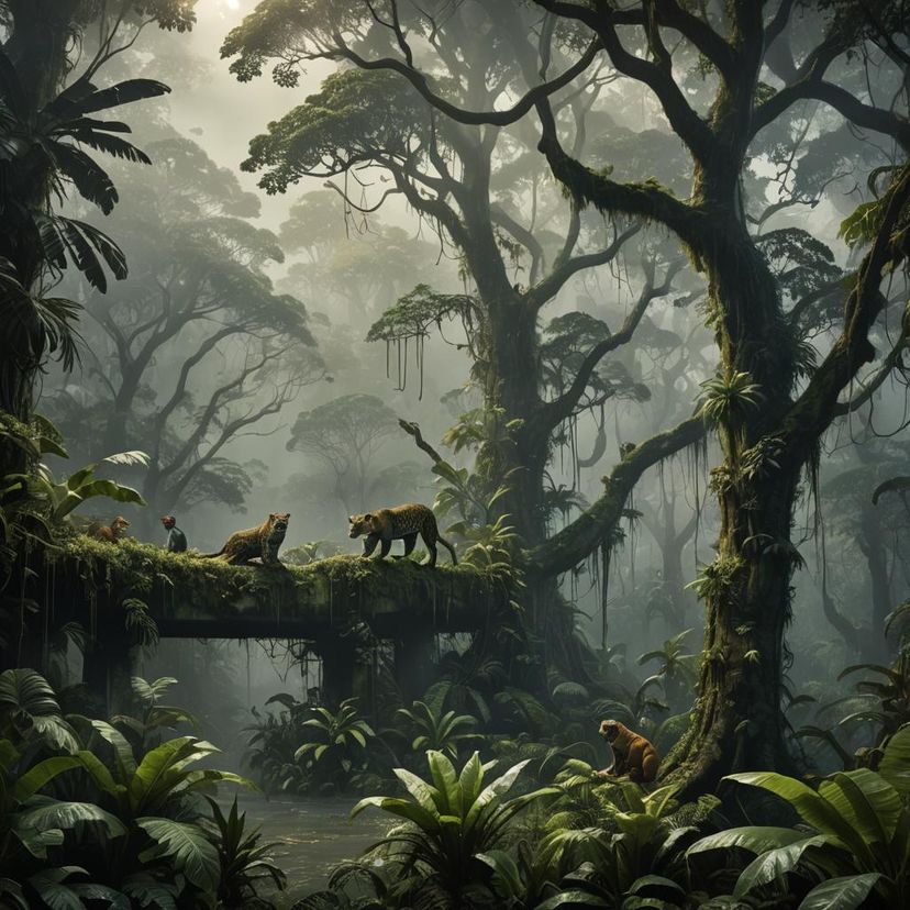 Generate a misty rainforest scene filled with endangered animals like ...