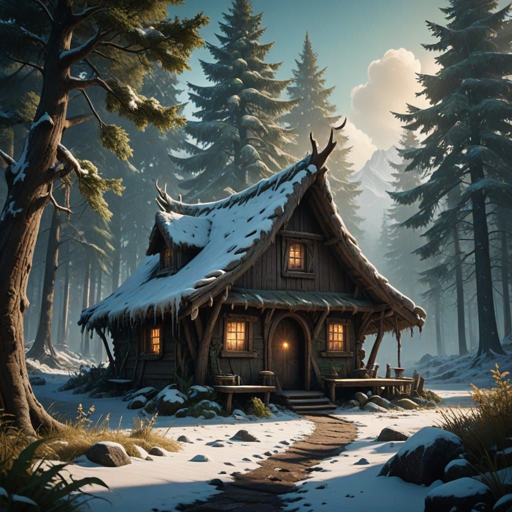 Whimsical Fantasy Hut Amidst Snowy Forest Glows wi... - AI Art